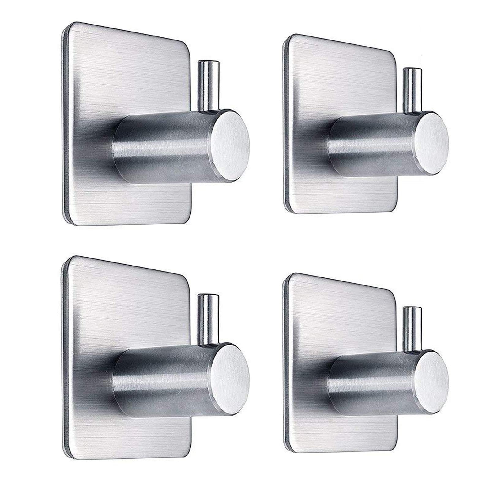 Adhesive Hooks Heavy Duty Wall Hooks Waterproof Stainless Steel Hooks for Hanging Coat, Hat,Towel Robe Hook Rack Wall Mount- Bathroom and Bedroom 4-Packs