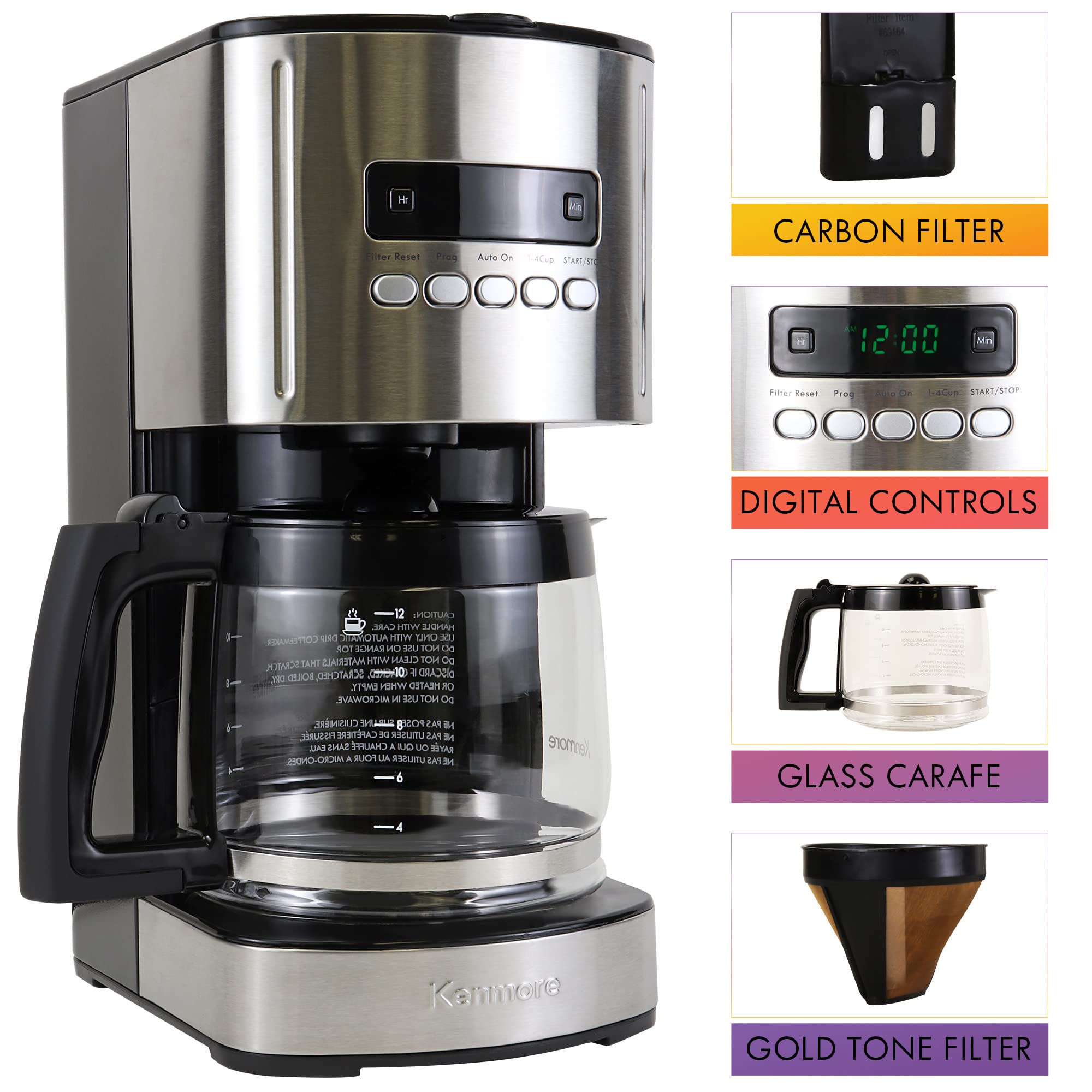 Kenmore Aroma Control Programmable 12-cup Coffee Maker, Stainless Steel/Black with Glass Carafe, LCD Display, Reusable Cone Filter, and Charcoal Water Filter