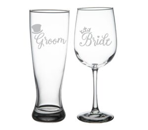 c & m personal gifts wine glasses (set of 2) bride and groom with top hat and crown engraved wedding glass set