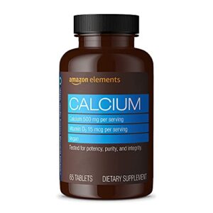 amazon elements calcium plus vitamin d, calcium 500mg with d2 600iu, vegan, 65 tablets (2 month supply) (packaging may vary), supports strong bones and immune health