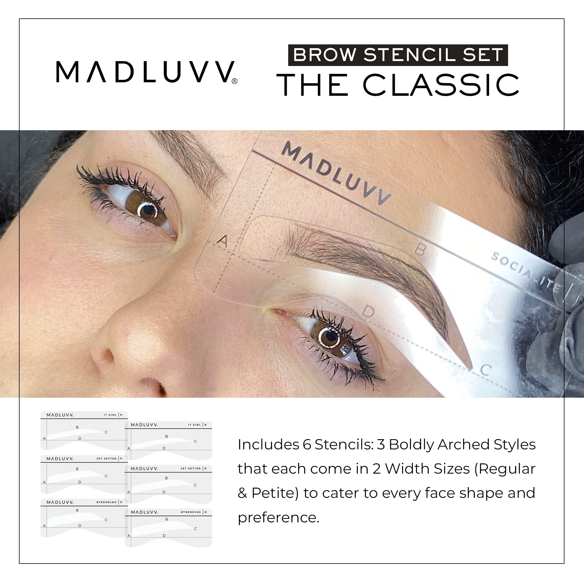 MADLUVV Eyebrow Shaper Stencils, Reusable Brow Mapping Template for PMU Professionals, Semi-Permanent Makeup Mapping, 6 Stencils (3 Stencil Shapes in Both Petite and Regular Sizes) - Classic Set