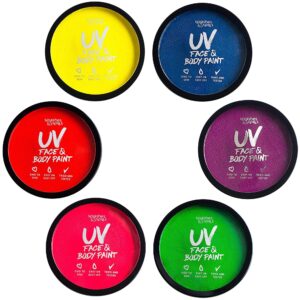 water activated uv black light face and body paint - 6 color pack - costume, halloween and club makeup - safe for all skin types - easy on and off - 18g cakes - by splashes & spills