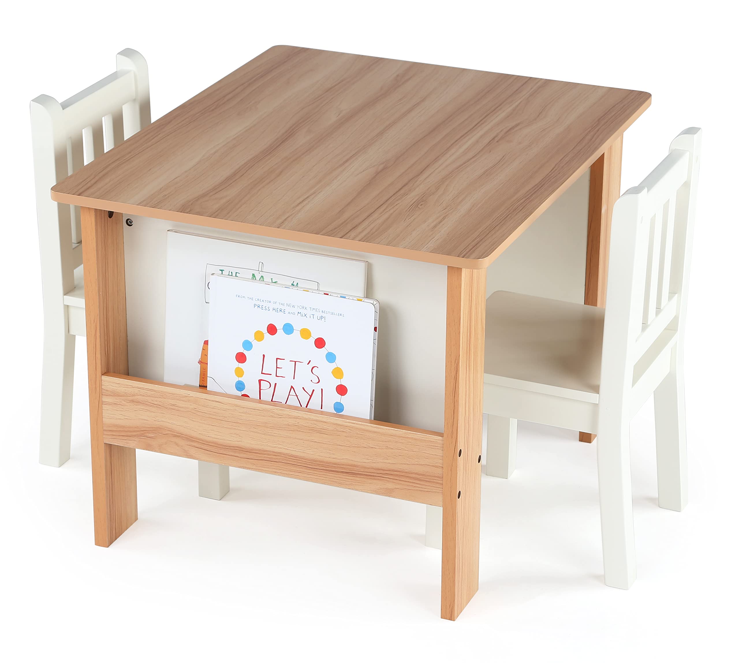 Humble Crew, Natural/White Wood Table Set with Book Storage, 2 Chairs-Toddler