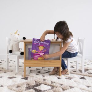 Humble Crew, Natural/White Wood Table Set with Book Storage, 2 Chairs-Toddler