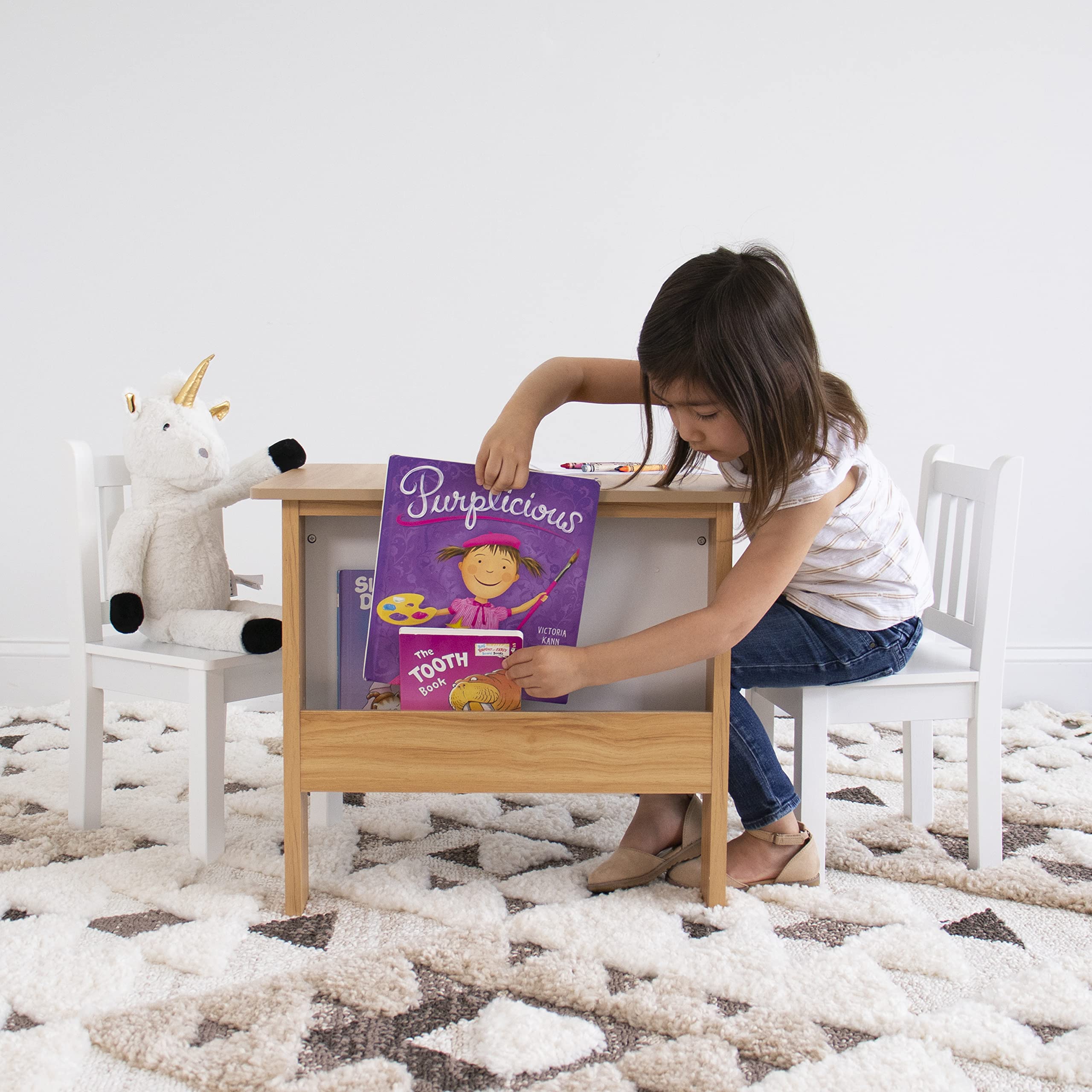 Humble Crew, Natural/White Wood Table Set with Book Storage, 2 Chairs-Toddler