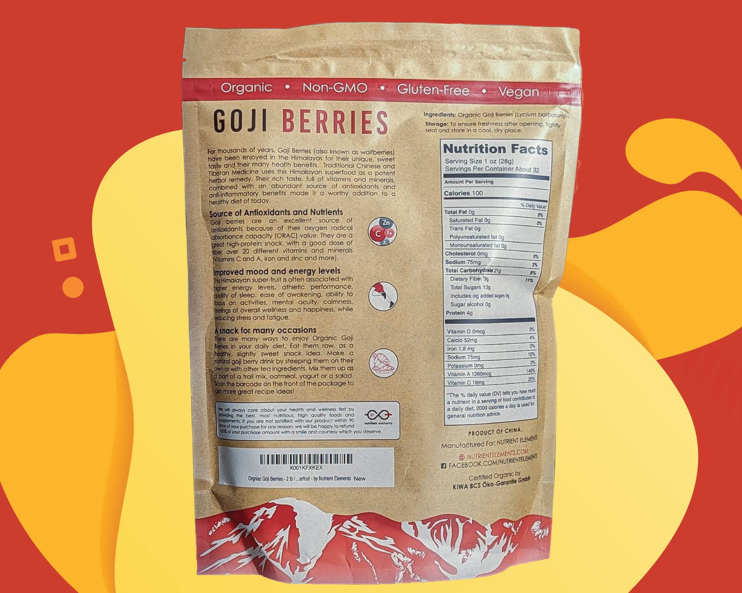 2lbs Organic Raw Dried Goji Berries - USDA Certified, Non GMO, Large Berries with Recipes E-Book - by Nutrient Elements