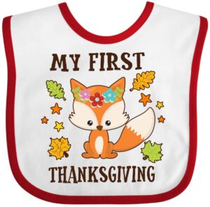 inktastic my first thanksgiving with fall fox and leaves baby bib white and red 2c8ce