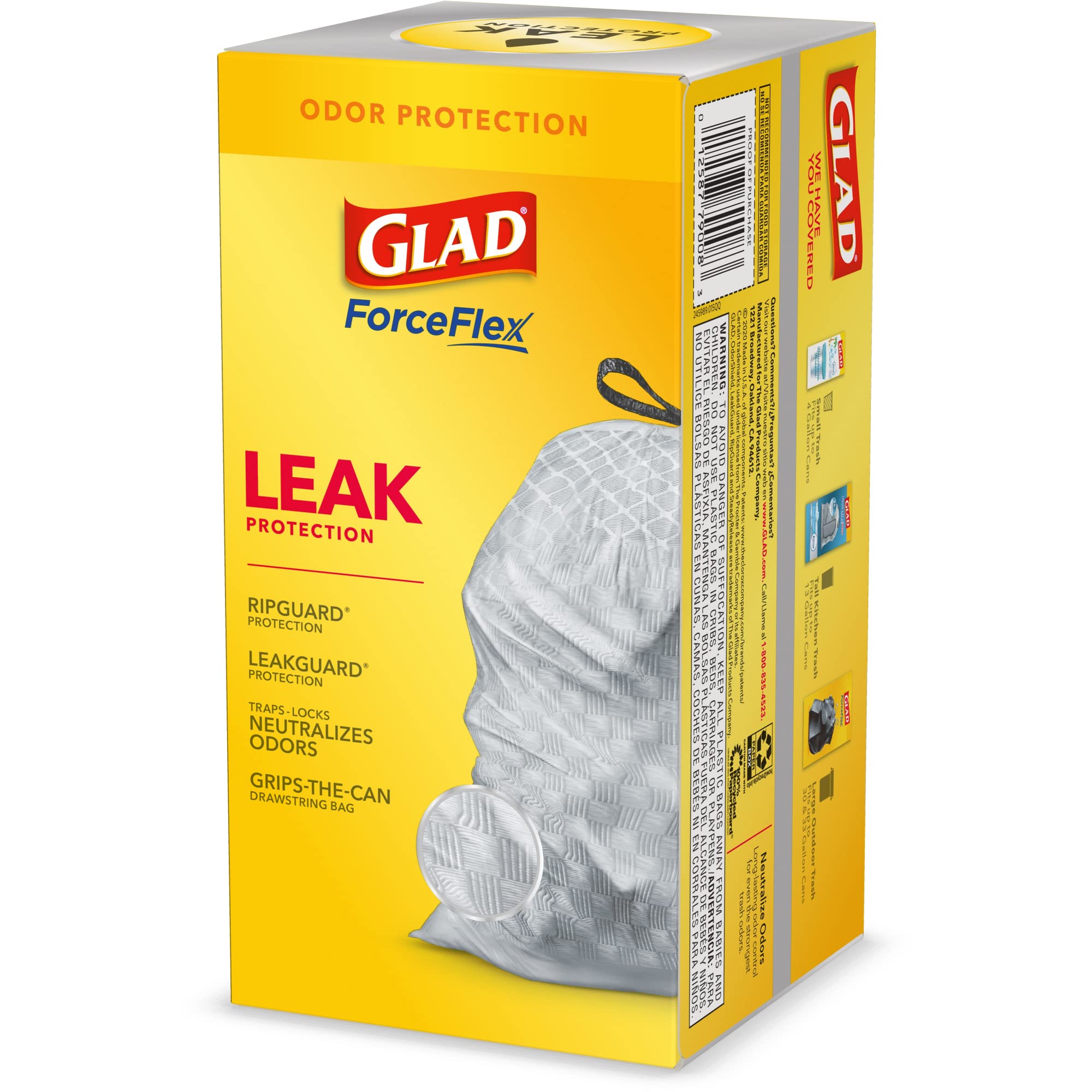 Glad Trash Bags, ForceFlexPlus Tall Kitchen Drawstring Garbage Bags - 13 Gallon White Trash Bag for Kitchen Trash Can, Odor Shield, Odor Eliminator, Leak Protection, 40 Count - Packaging May Vary