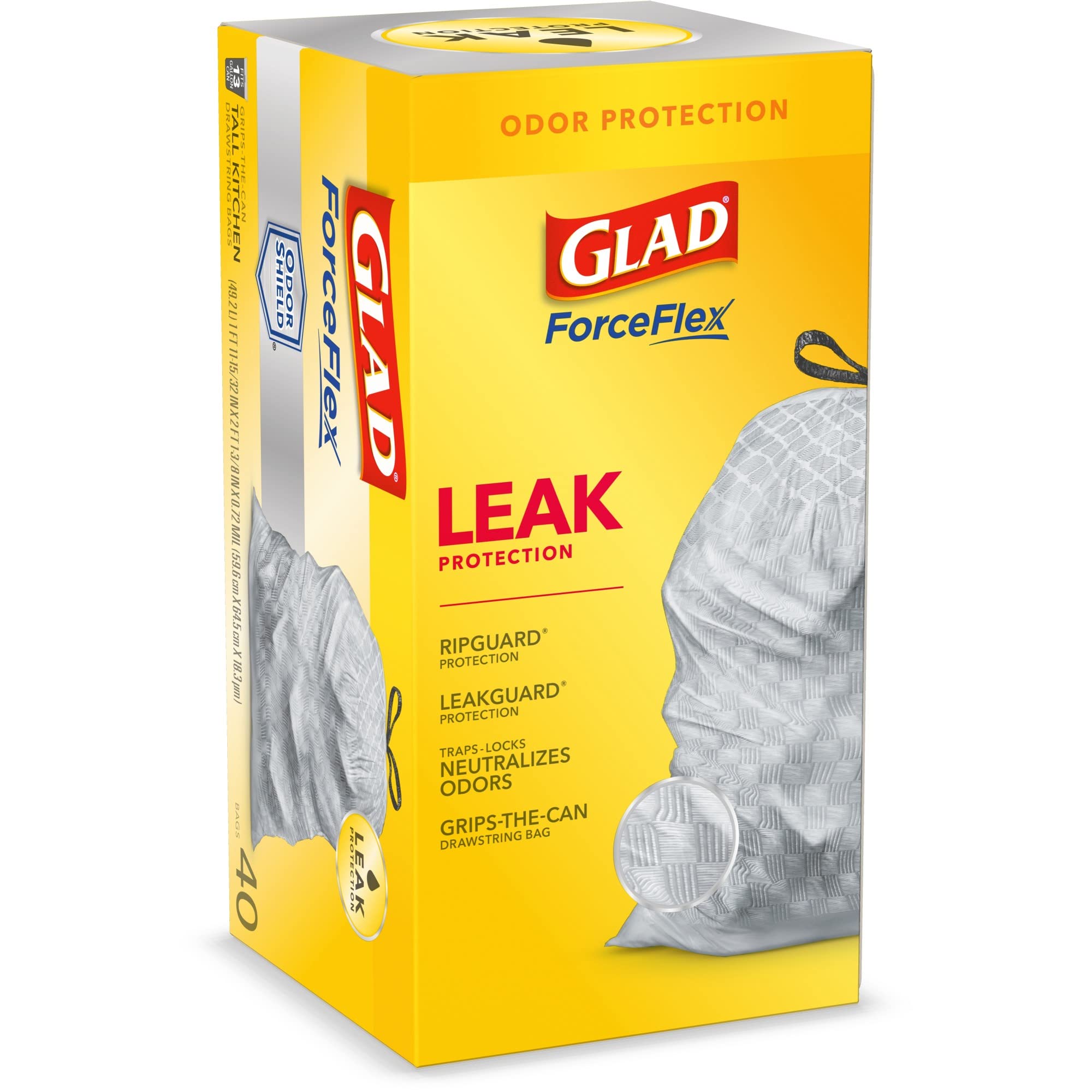 Glad Trash Bags, ForceFlexPlus Tall Kitchen Drawstring Garbage Bags - 13 Gallon White Trash Bag for Kitchen Trash Can, Odor Shield, Odor Eliminator, Leak Protection, 40 Count - Packaging May Vary