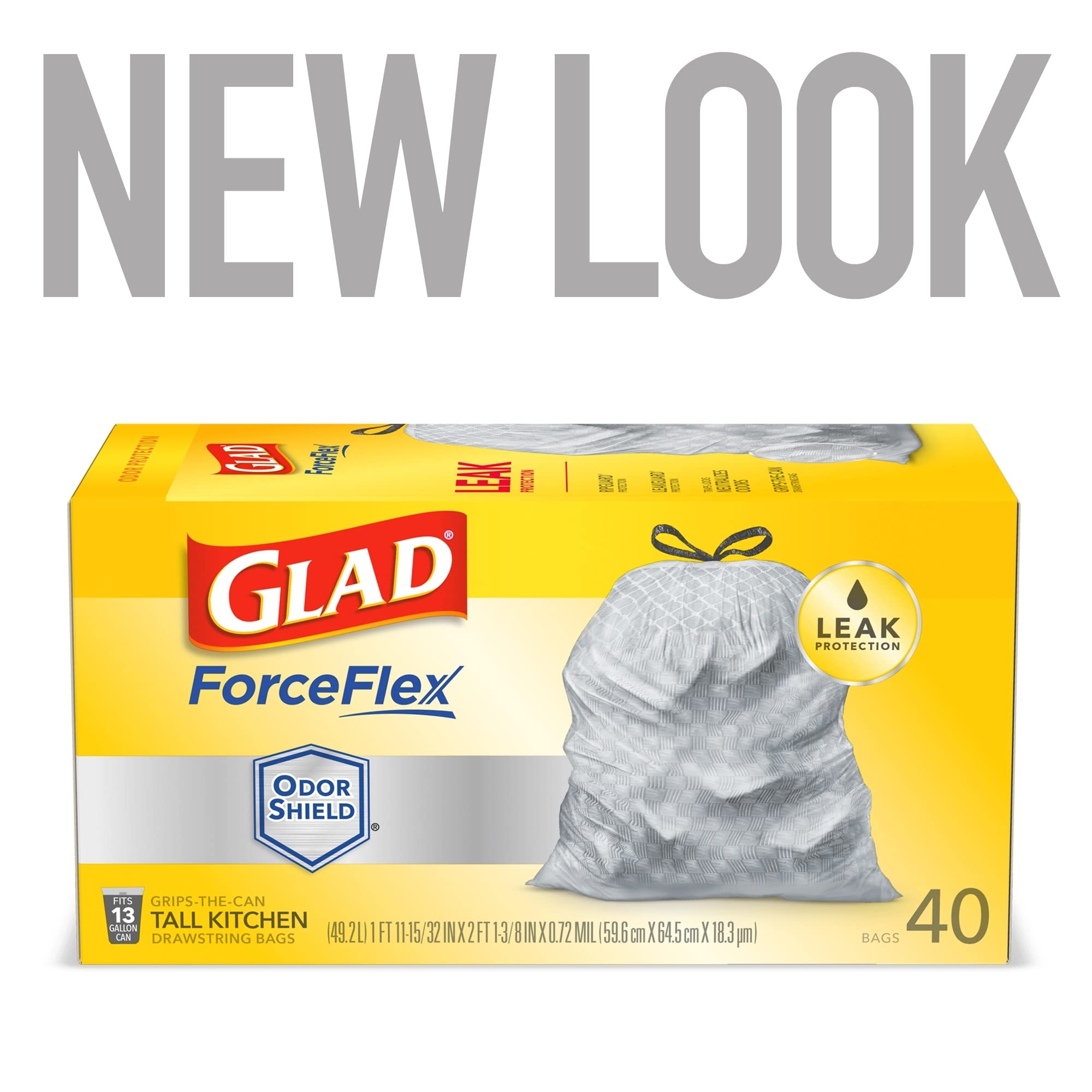 Glad Trash Bags, ForceFlexPlus Tall Kitchen Drawstring Garbage Bags - 13 Gallon White Trash Bag for Kitchen Trash Can, Odor Shield, Odor Eliminator, Leak Protection, 40 Count - Packaging May Vary