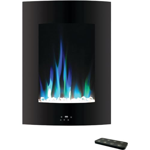 Cambridge 27 Inch Tall Vertical Wall Mounted Curved Panel Electric Fireplace Heater with LED Multicolor Flames, Crystal Rocks, Remote Control for Living Room, Bedroom, Home Office, Black