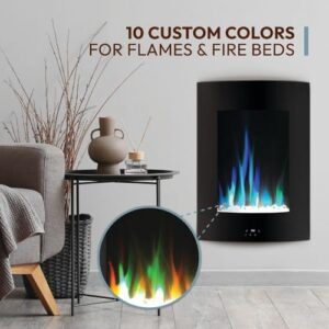 Cambridge 27 Inch Tall Vertical Wall Mounted Curved Panel Electric Fireplace Heater with LED Multicolor Flames, Crystal Rocks, Remote Control for Living Room, Bedroom, Home Office, Black