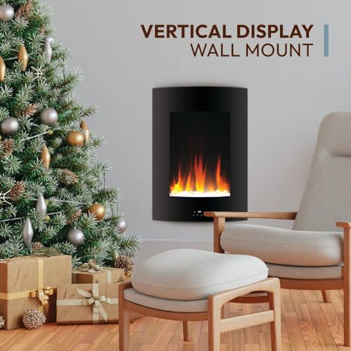 Cambridge 27 Inch Tall Vertical Wall Mounted Curved Panel Electric Fireplace Heater with LED Multicolor Flames, Crystal Rocks, Remote Control for Living Room, Bedroom, Home Office, Black