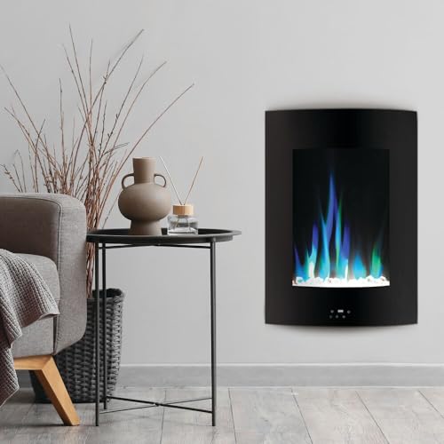 Cambridge 27 Inch Tall Vertical Wall Mounted Curved Panel Electric Fireplace Heater with LED Multicolor Flames, Crystal Rocks, Remote Control for Living Room, Bedroom, Home Office, Black