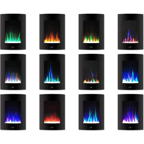 Cambridge 27 Inch Tall Vertical Wall Mounted Curved Panel Electric Fireplace Heater with LED Multicolor Flames, Crystal Rocks, Remote Control for Living Room, Bedroom, Home Office, Black