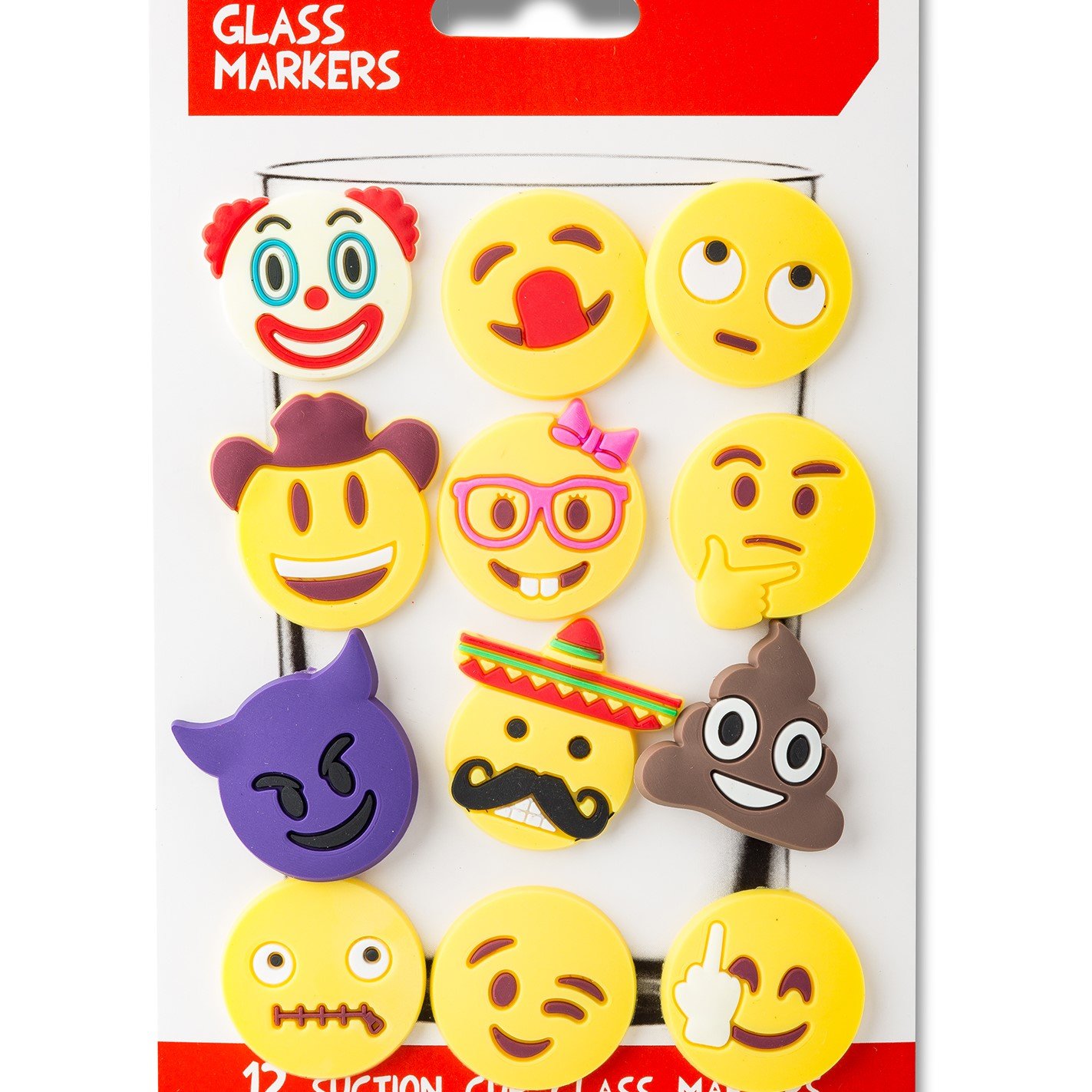 Emoji Charms with Suction 12 Pack, Perfect Markers for Everything from Wine Glass to Red Cups! Lifetime (Multi-Color)