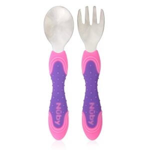 nuby stainless steel utensil, pink/purple, 2 piece