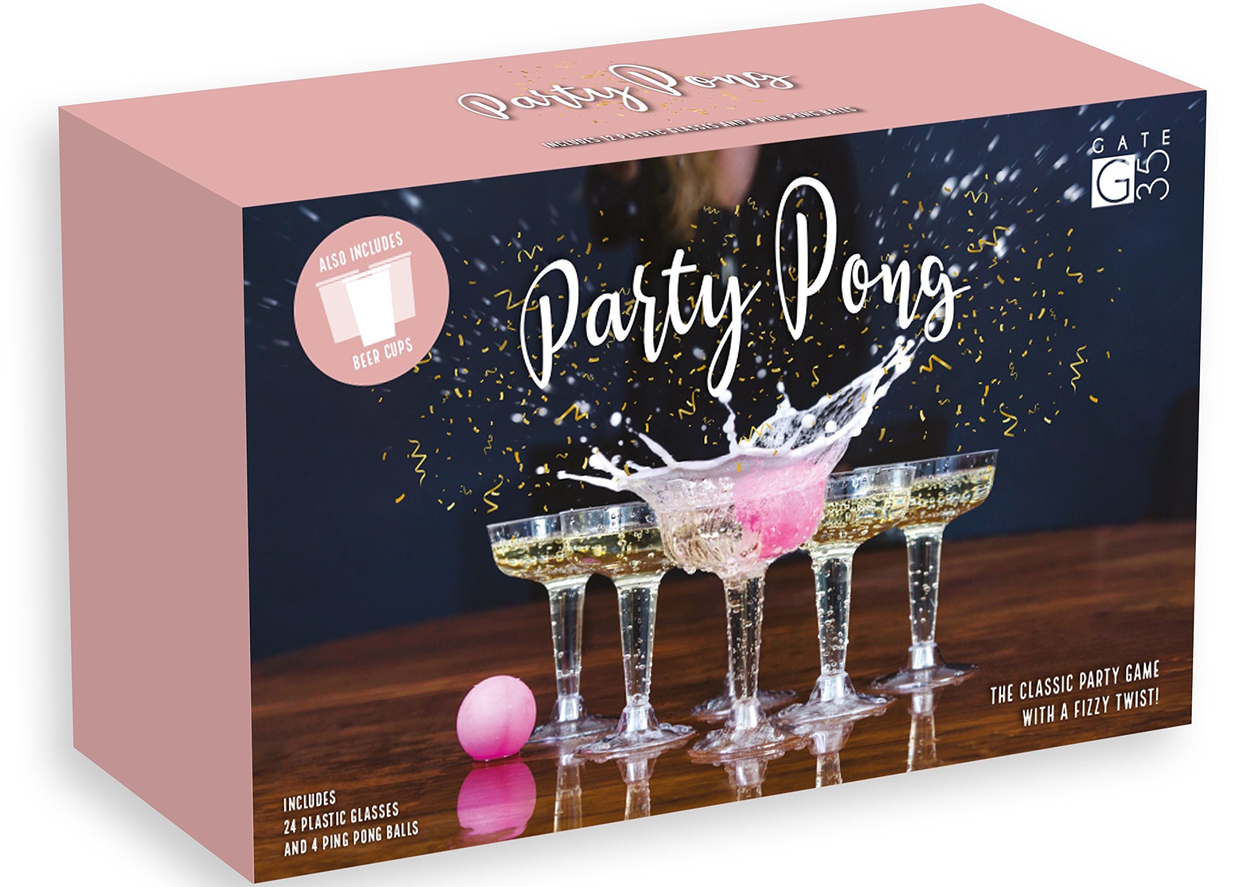 Party Pong™ Ultimate Upmarket Beer Pong Drinking Game with 12 Plastic Champagne Glasses and 4 Ping Pong Balls