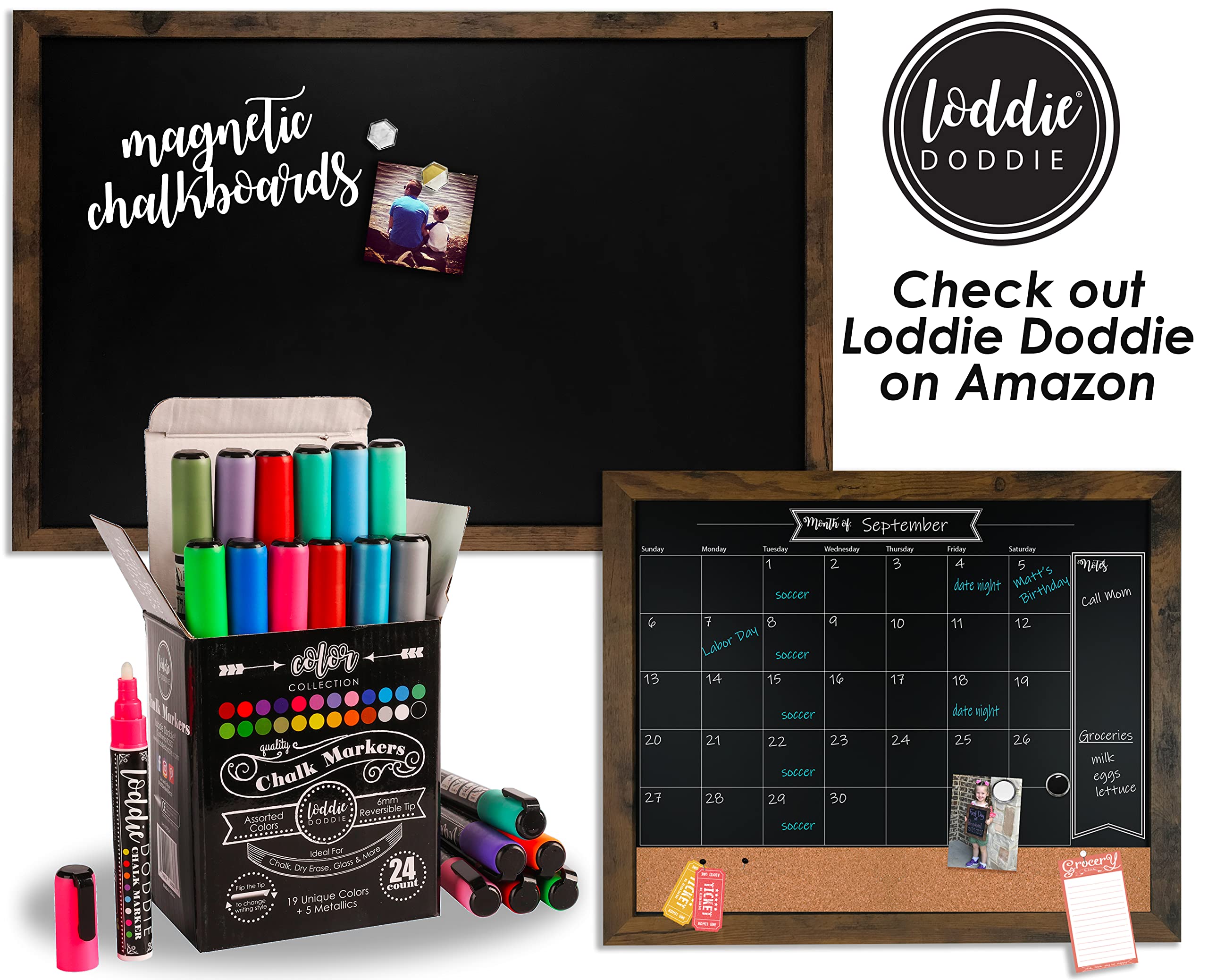 Loddie Doddie Magnetic Chalk Board - 24"x36" - for Kitchen and Wall Decor - Easy-to-Erase Magnetic Chalkboard - Framed Magnet Blackboard - Hanging Black Chalkboards (Rustic Frame)