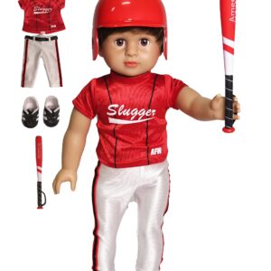 American Fashion World Red Baseball Uniform for 18-Inch Dolls | Accessories Included | Premium Quality & Trendy Design | Dolls Clothes | Outfit Fashions for Dolls for Popular Brands