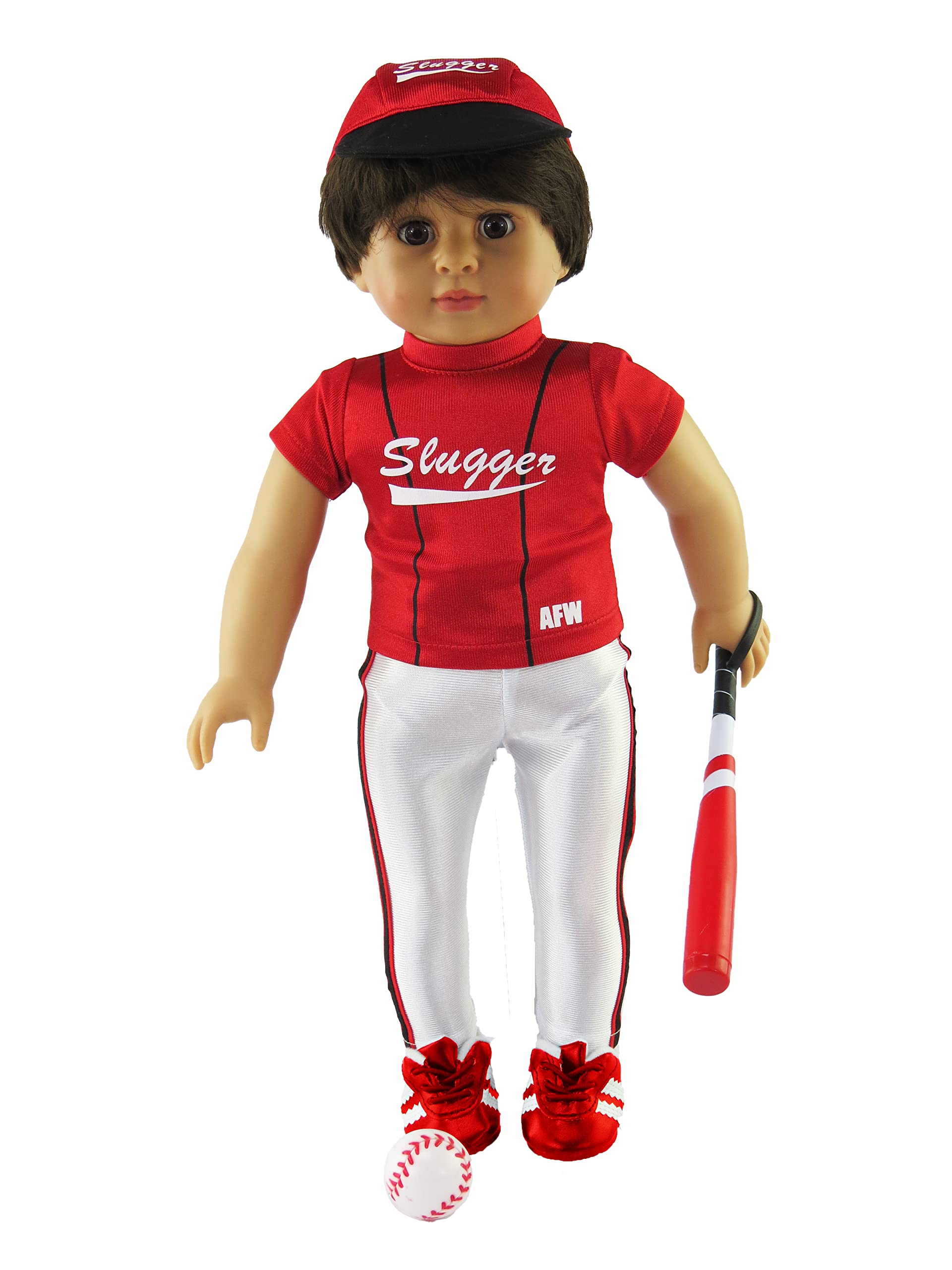 American Fashion World Red Baseball Uniform for 18-Inch Dolls | Accessories Included | Premium Quality & Trendy Design | Dolls Clothes | Outfit Fashions for Dolls for Popular Brands