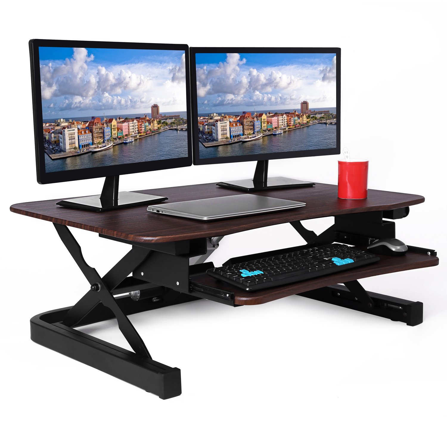 ApexDesk ZT Series Height Adjustable Sit to Stand Electric Desk Converter, 2-Tier Design with Large 36x24 Upper Work Surface and Lower Keyboard Tray Deck (Electric Riser, Walnut)