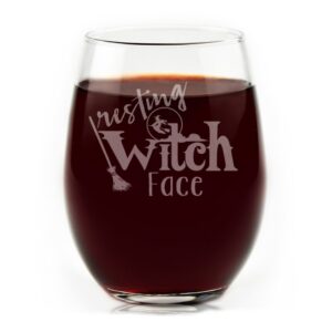 funny resting witch face engraved stemless wine glass