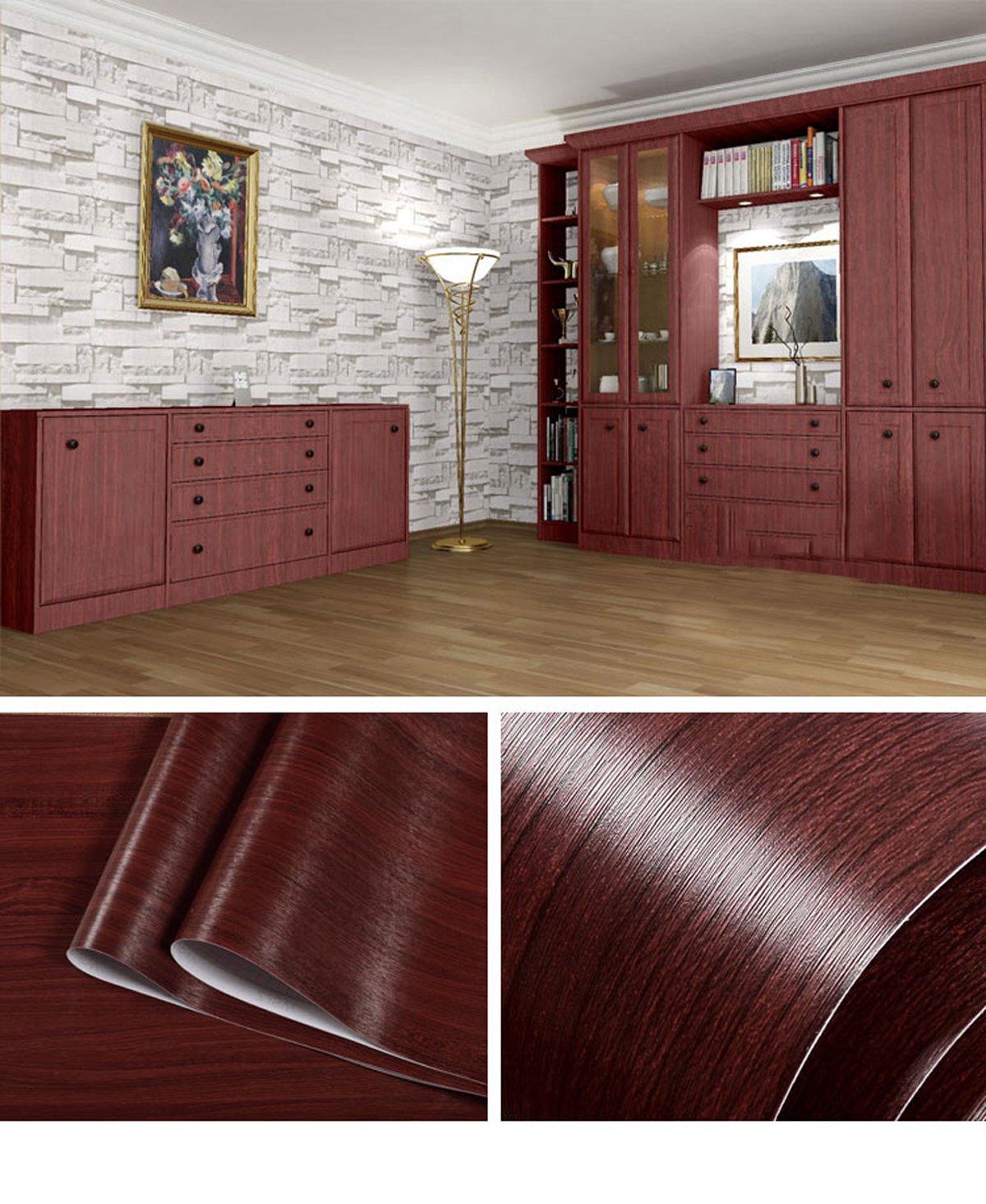 Self Adhesive Vinyl Film Textured Mahogany Wood Grain Contact Paper Shelf Liner for Kitchen Cabinets Shelves Drawer Countertop Table Furniture Arts Crafts Decal 17.7x117 Inches