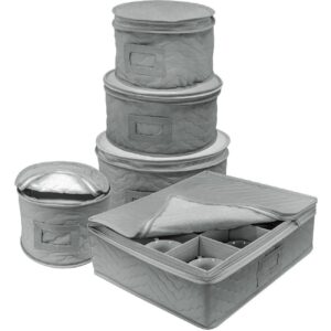 sorbus china storage containers - 5 pc quilted set for moving & transporting dinnerware, dishes, round plates, glassware, cups & mugs with felt plate protectors - fine china glass, plate storage cases