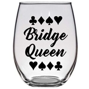 Bridge Card Game Player Prize - Bridge Queen - Gift for Grandma - Premium 21oz Stemless Wine Glass