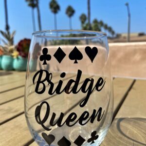 Bridge Card Game Player Prize - Bridge Queen - Gift for Grandma - Premium 21oz Stemless Wine Glass