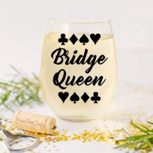 Bridge Card Game Player Prize - Bridge Queen - Gift for Grandma - Premium 21oz Stemless Wine Glass