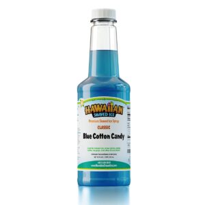 hawaiian shaved ice syrup pint, blue cotton candy flavor, great for slushies, italian soda, popsicles, & more, no refrigeration needed, contains nuts, soy, wheat, dairy, starch, flour, or egg products