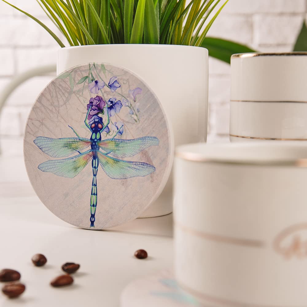 Trinsi Absorbent Ceramic Stone Coasters, Dragonfly ,Set of 4 Stone Coasters