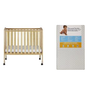 dream on me 2 in 1 portable folding stationary side crib with dream on me 3 portable crib mattress, natural