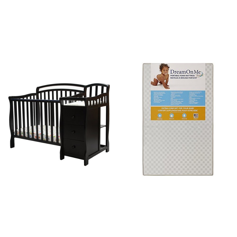 Dream On Me Casco 4 in 1 Mini Crib and Dressing Table Combo with Dream On Me 3 Portable Crib Mattress, White