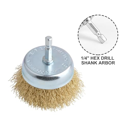 Gunpla 3" Wire Cup Brush with 1/4" Hex Shank Hardened Brass Steel Crimp Wheel Heavy Duty Wires Brushes for Metal, Removal of Rust Corrosion Paint