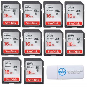 SanDisk Ultra 16GB (10 Pack) Class 10 SDHC Genuine Flash Memory Card (SDSDUNC-016G-GN6IN) Bundle with Everything But Stromboli Card Reader