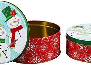 Round Nesting Tins With Holiday Print Designs Bundle of 2 Round Metal Tins with Lids for Cookies, Candy, Food Presents - 1- 6 and 3/4 Inches and 1- 6 inches Diameter