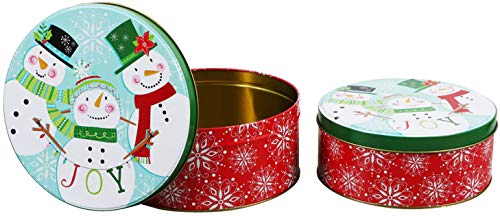 Round Nesting Tins With Holiday Print Designs Bundle of 2 Round Metal Tins with Lids for Cookies, Candy, Food Presents - 1- 6 and 3/4 Inches and 1- 6 inches Diameter