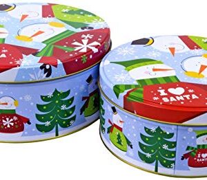 Round Nesting Tins With Holiday Print Designs Bundle of 2 Round Metal Tins with Lids for Cookies, Candy, Food Presents - 1- 6 and 3/4 Inches and 1- 6 inches Diameter