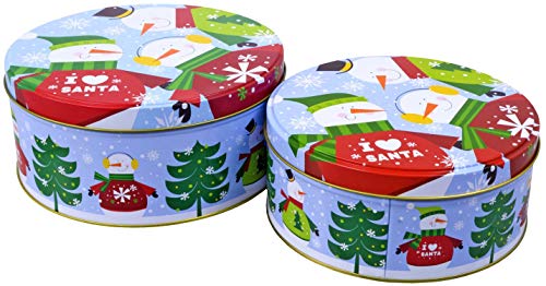 Round Nesting Tins With Holiday Print Designs Bundle of 2 Round Metal Tins with Lids for Cookies, Candy, Food Presents - 1- 6 and 3/4 Inches and 1- 6 inches Diameter