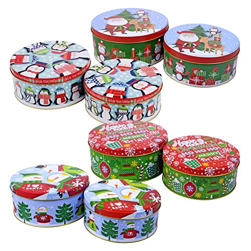 Round Nesting Tins With Holiday Print Designs Bundle of 2 Round Metal Tins with Lids for Cookies, Candy, Food Presents - 1- 6 and 3/4 Inches and 1- 6 inches Diameter