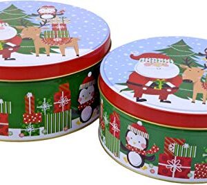 Round Nesting Tins With Holiday Print Designs Bundle of 2 Round Metal Tins with Lids for Cookies, Candy, Food Presents - 1- 6 and 3/4 Inches and 1- 6 inches Diameter