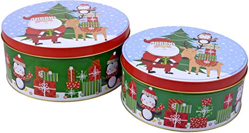 Round Nesting Tins With Holiday Print Designs Bundle of 2 Round Metal Tins with Lids for Cookies, Candy, Food Presents - 1- 6 and 3/4 Inches and 1- 6 inches Diameter