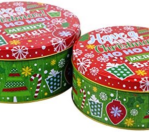 Round Nesting Tins With Holiday Print Designs Bundle of 2 Round Metal Tins with Lids for Cookies, Candy, Food Presents - 1- 6 and 3/4 Inches and 1- 6 inches Diameter