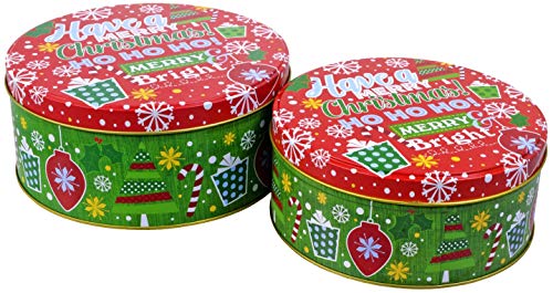 Round Nesting Tins With Holiday Print Designs Bundle of 2 Round Metal Tins with Lids for Cookies, Candy, Food Presents - 1- 6 and 3/4 Inches and 1- 6 inches Diameter