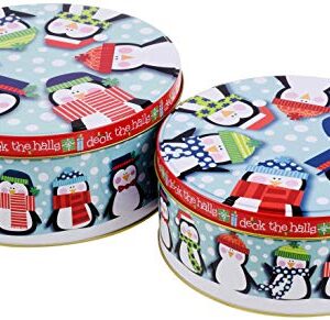 Round Nesting Tins With Holiday Print Designs Bundle of 2 Round Metal Tins with Lids for Cookies, Candy, Food Presents - 1- 6 and 3/4 Inches and 1- 6 inches Diameter