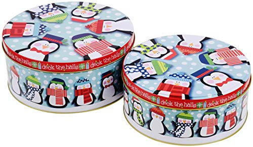 Round Nesting Tins With Holiday Print Designs Bundle of 2 Round Metal Tins with Lids for Cookies, Candy, Food Presents - 1- 6 and 3/4 Inches and 1- 6 inches Diameter