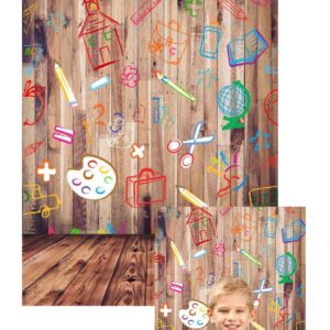 Leowefowa Back to School Backdrop 5x7ft Vinyl Photography Backdrops Hand Painted Pencils House Books on Vintage Retro Stripes Wood Floor Background Baby Kids Children Photo Studio Props